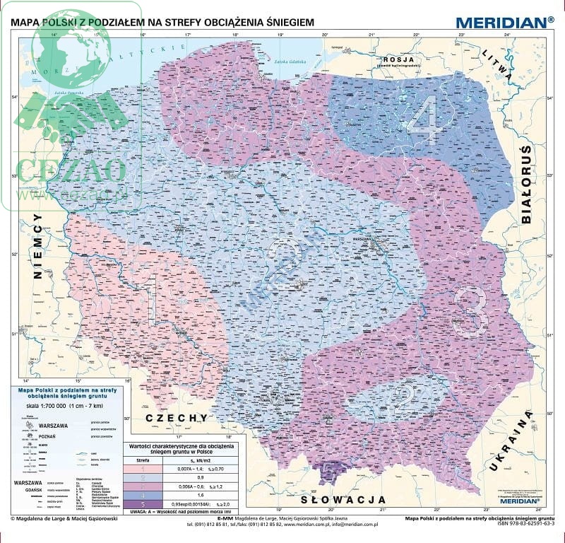 Mapa Polski z podziałem na strefy obciążenia śniegiem - mapa ścienna ...